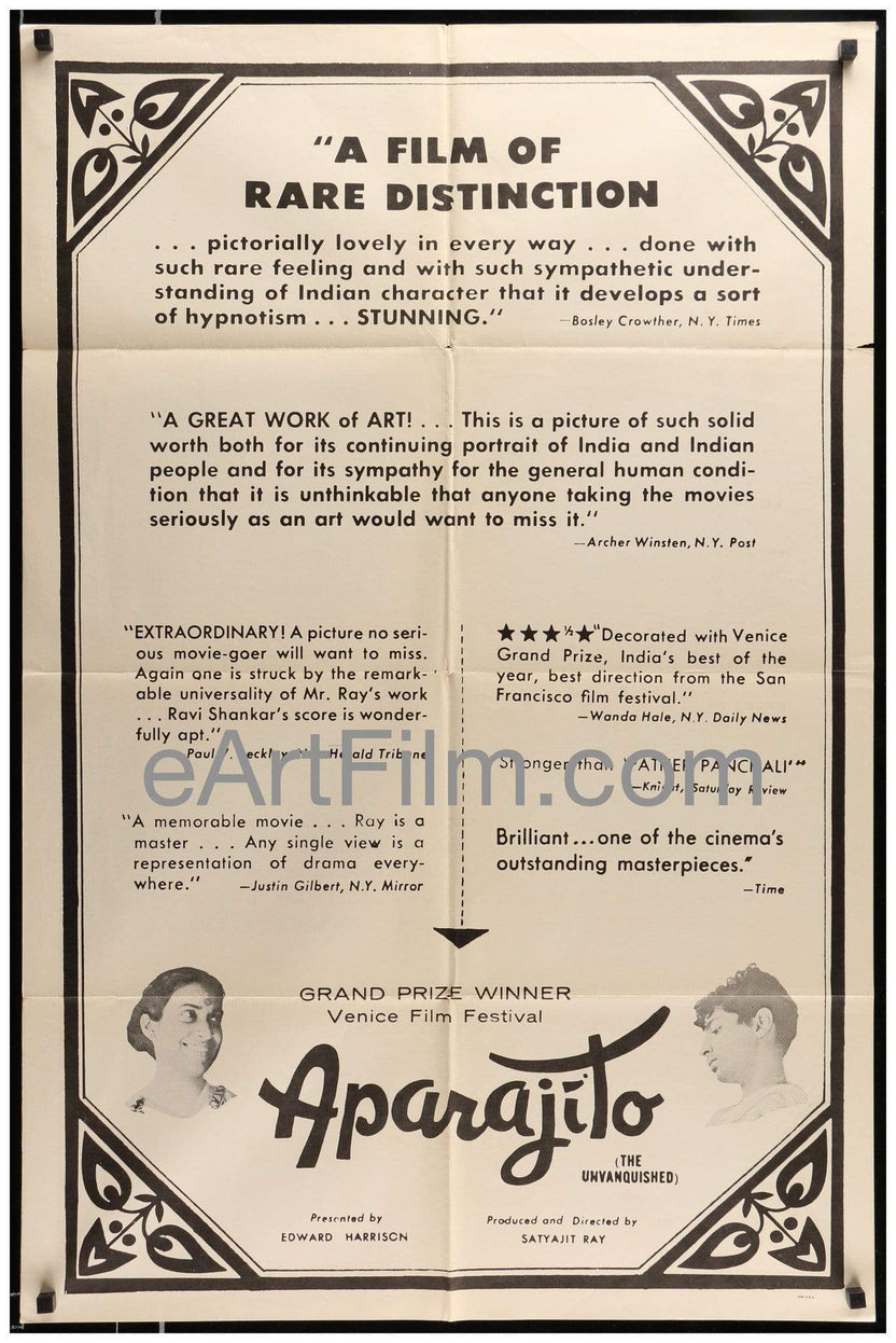 Aparajito vintage movie poster Satyajit Ray APU Trilogy 1959 27x41 ...